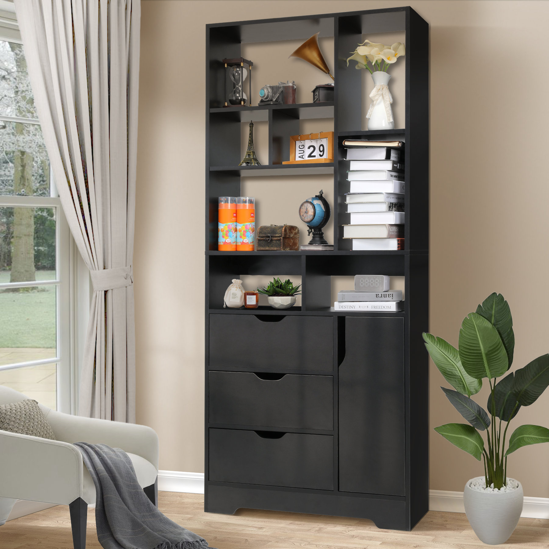 Ebern Designs Gosta 71"H Modern Bookcases Storage Bookshelf with 3 Drawers & 8 Open Shelves ...